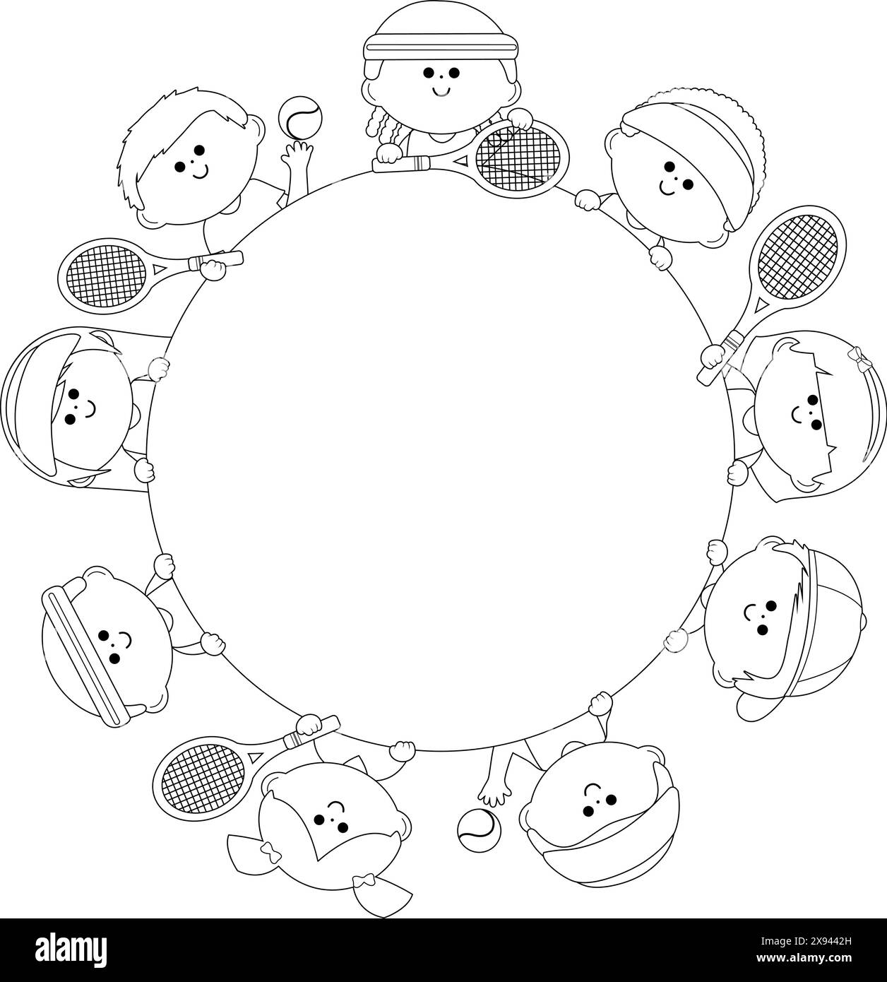 Round blank banner and children tennis players. Girls and boys play ...