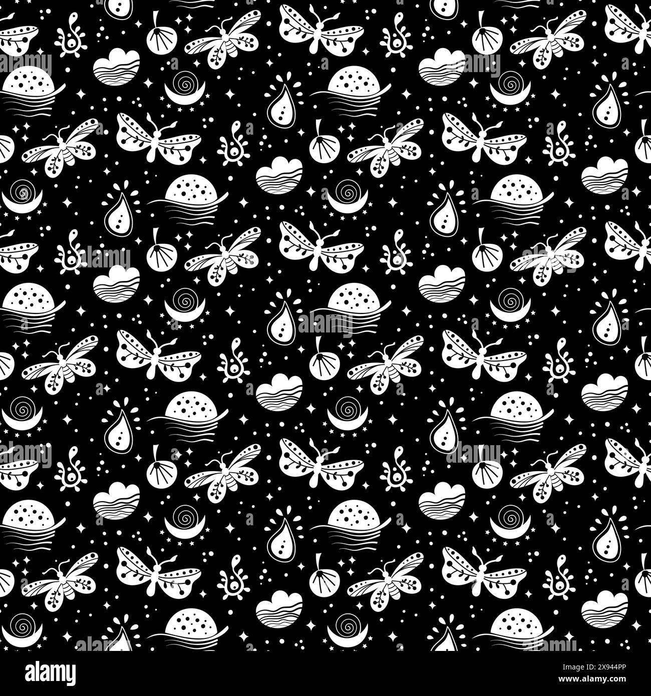 Seamless neo folk art vector pattern with butterfly, moth and flowers ...