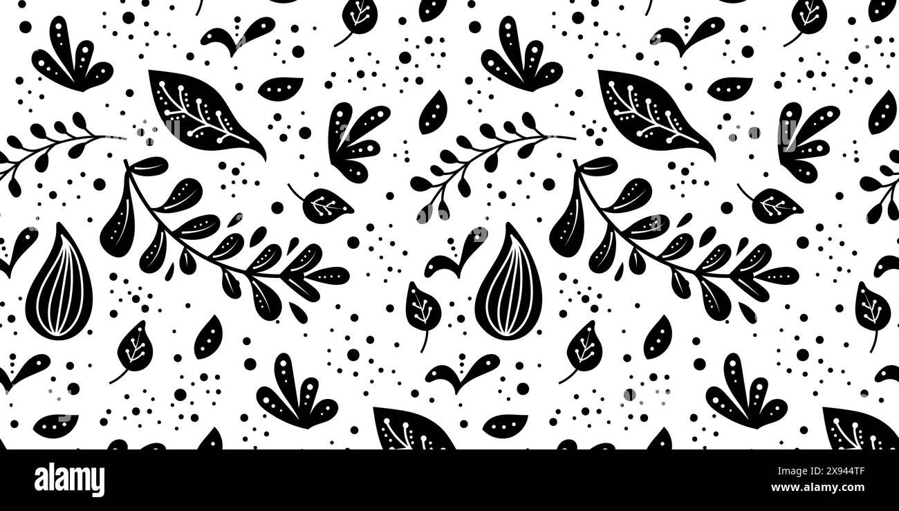 Seamless neo folk art vector pattern with flowers, black and white ...