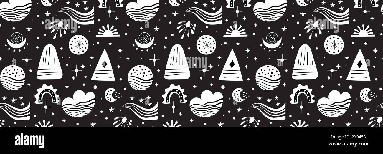 Seamless neo folk art vector pattern with mountains, moon and flowers ...