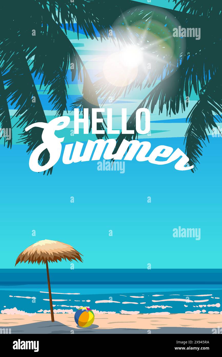 Hello Summer Retro Poster. Tropical resort coast beach, beach straw umbrella, palm, surf, ocean ...