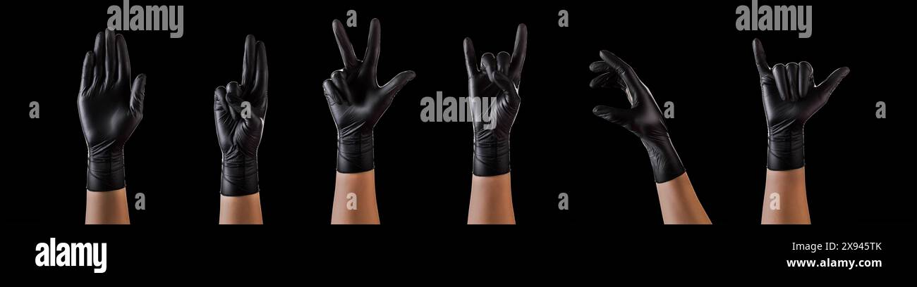 Hands in black gloves showing different gestures, pointing and showing ...
