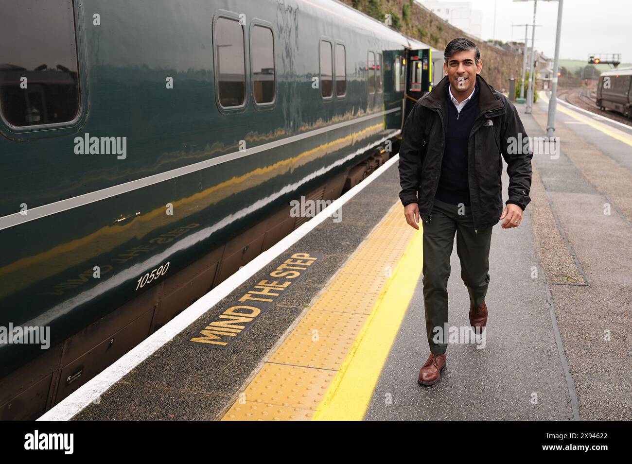 Prime Minister Rishi Sunak arrives at a train station in Cornwall on ...