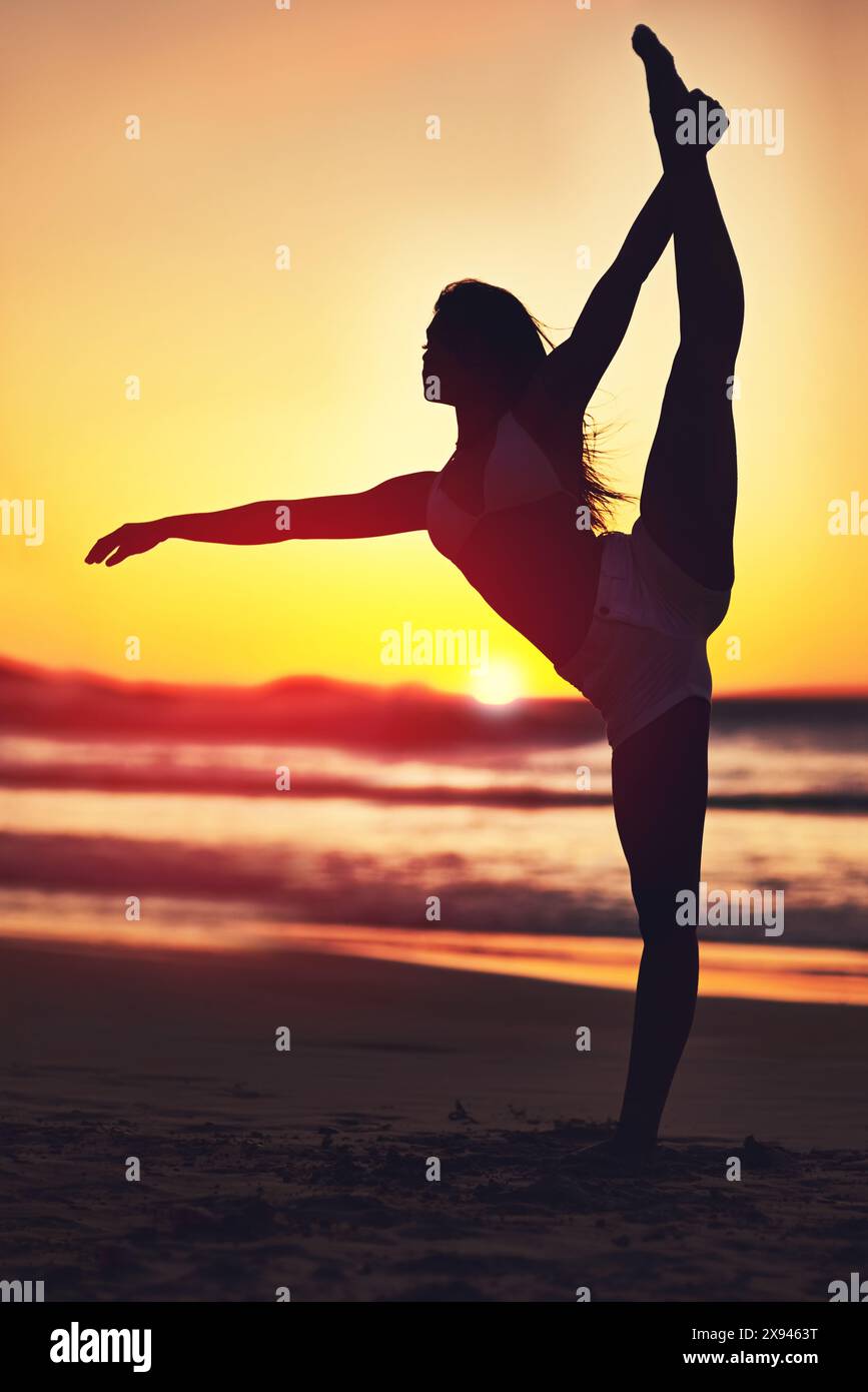Woman, sunset and dancing silhouette on beach, contemporary ballet and ...