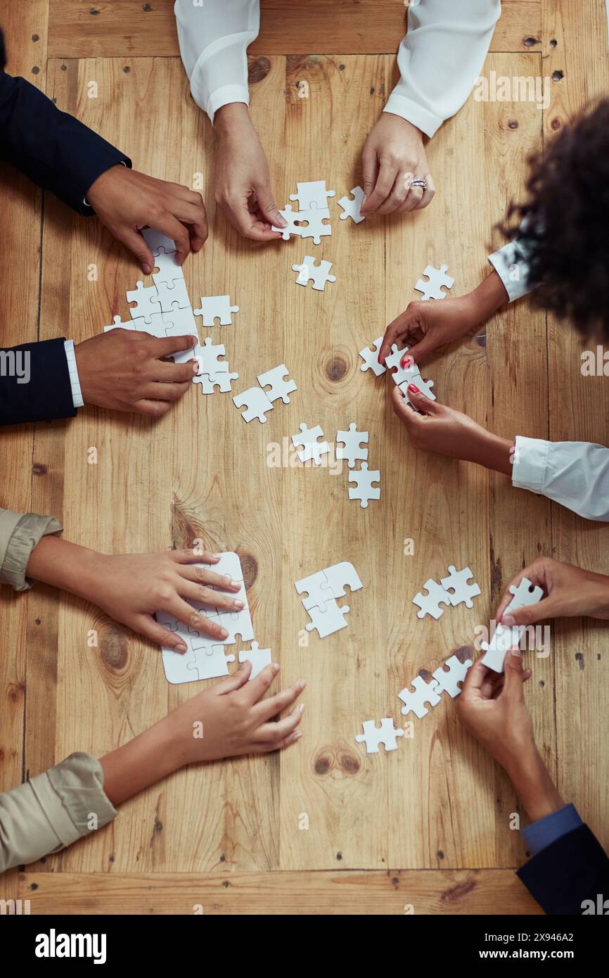 People, puzzle and problem solving with teamwork, trust and partnership ...