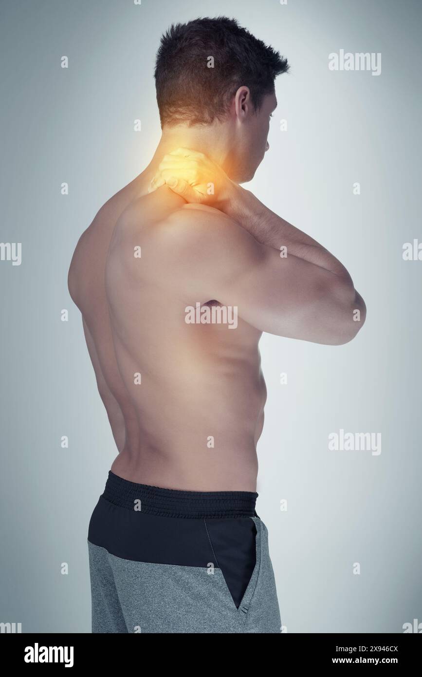 Fitness, man and back pain for athlete, spot and medical injury for ...