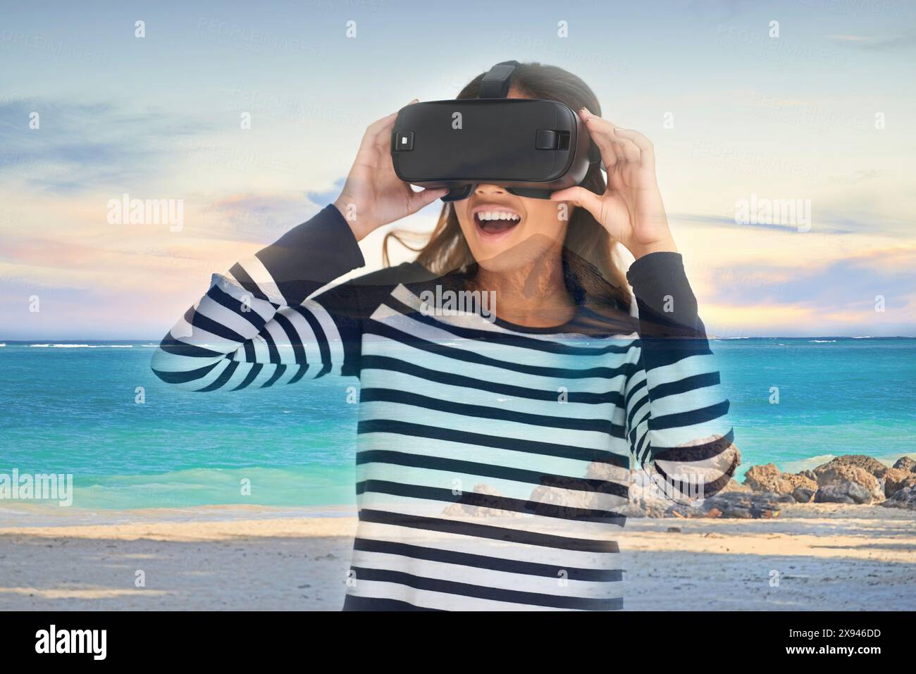 VR, woman and ocean for digital video game, metaverse and futuristic ...