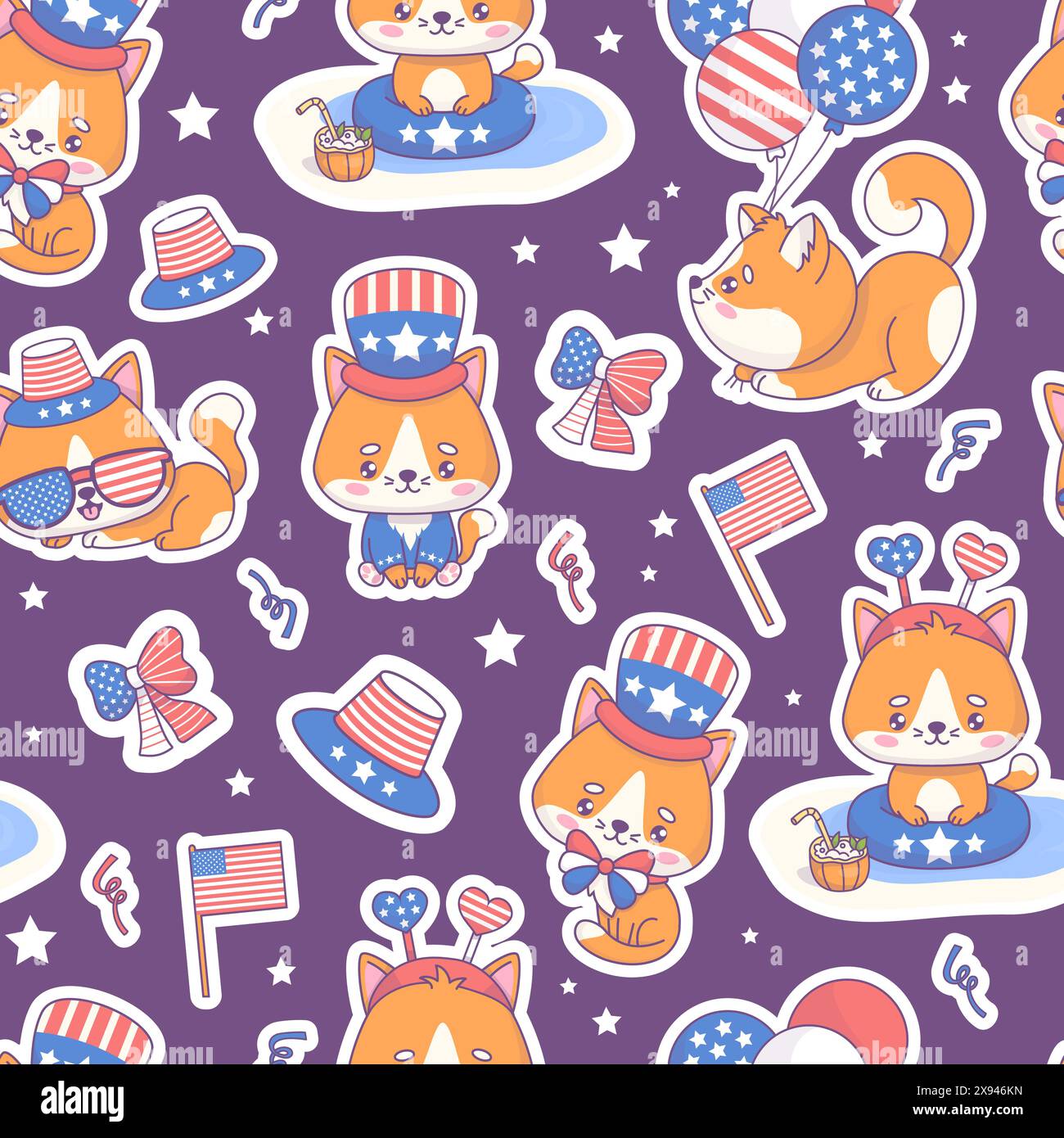 Seamless pattern with patriotic cartoon cats in accessories and ...