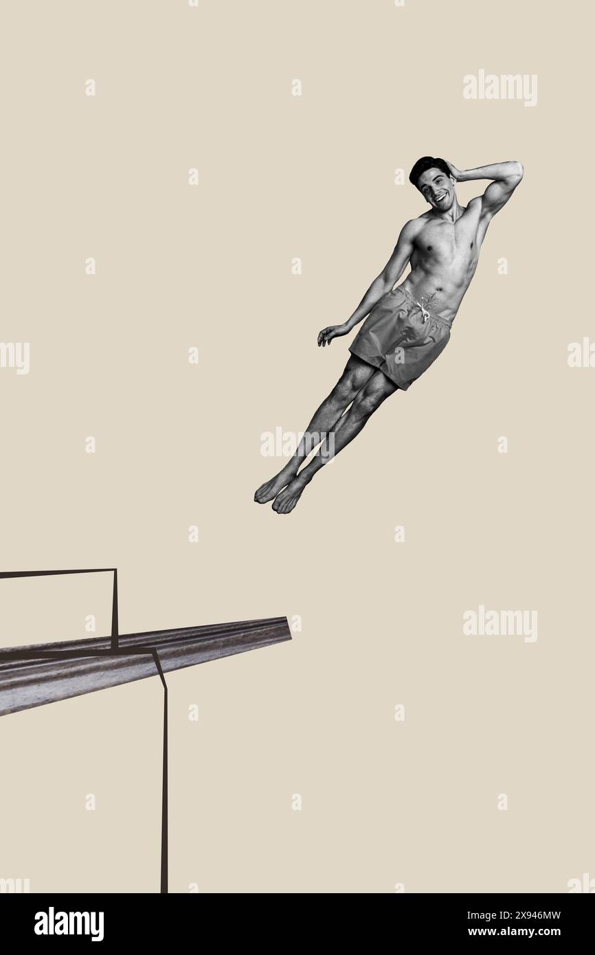 Collage image artwork of crazy cheerful man jumping diving high ...