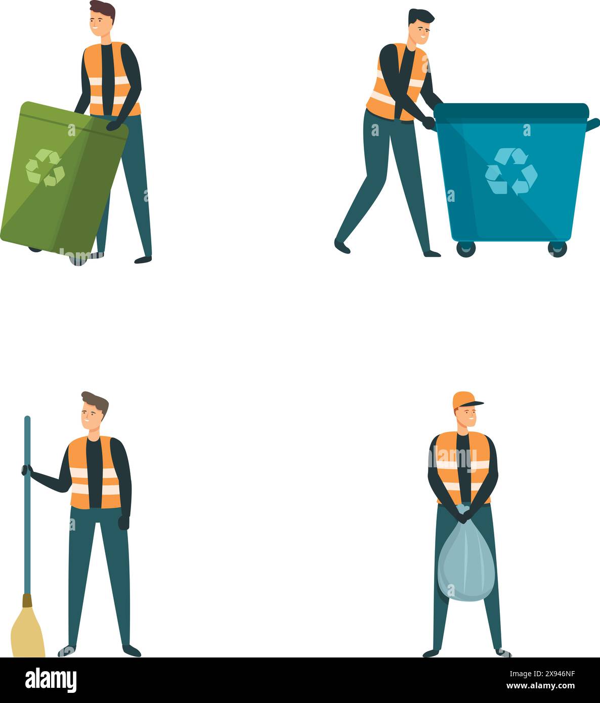 Garbage man icons set cartoon vector. Men street cleaner in uniform ...
