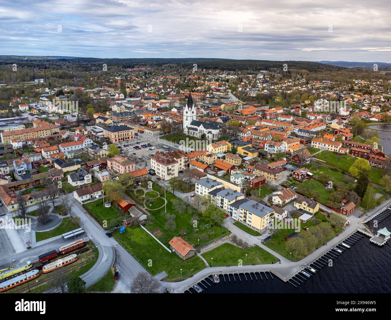 Aerial view of a European town with a prominent church, highlighting ...