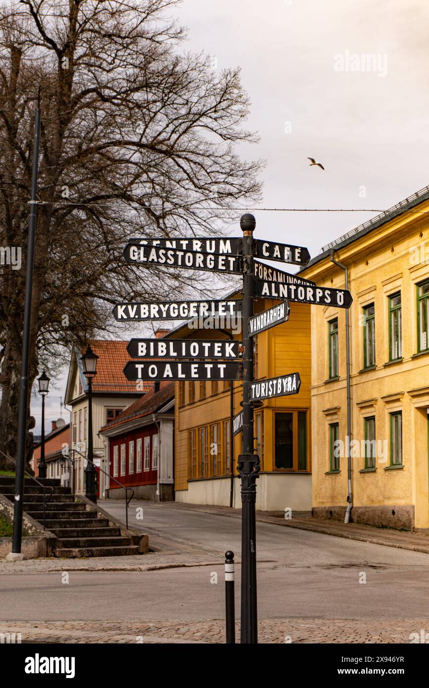 Street sign in a quaint village, directing to various local attractions ...