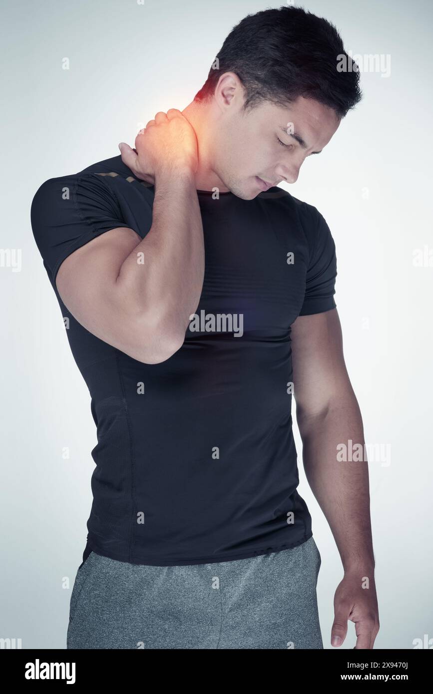 Man, athlete and neck pain in studio with body injury, wellness issue ...