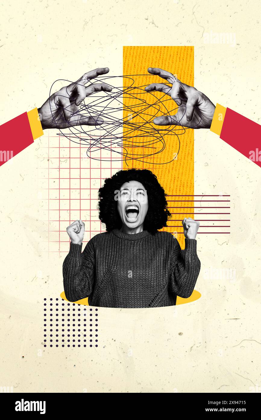 Vertical image collage young screaming loud suffering woman victim ...