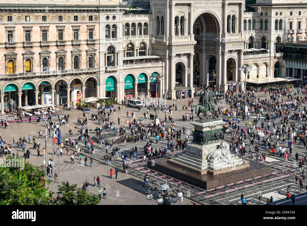 Elevated view of Piazza del Duomo main square with the statue to King Victor Emmanuel II and the ...