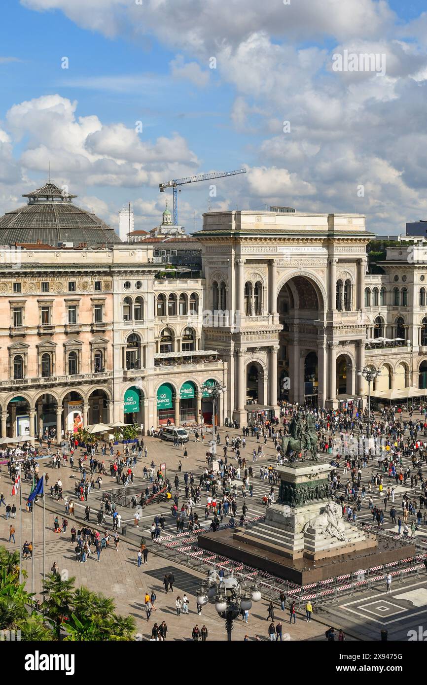 Elevated view of Piazza del Duomo main square with the statue to King ...