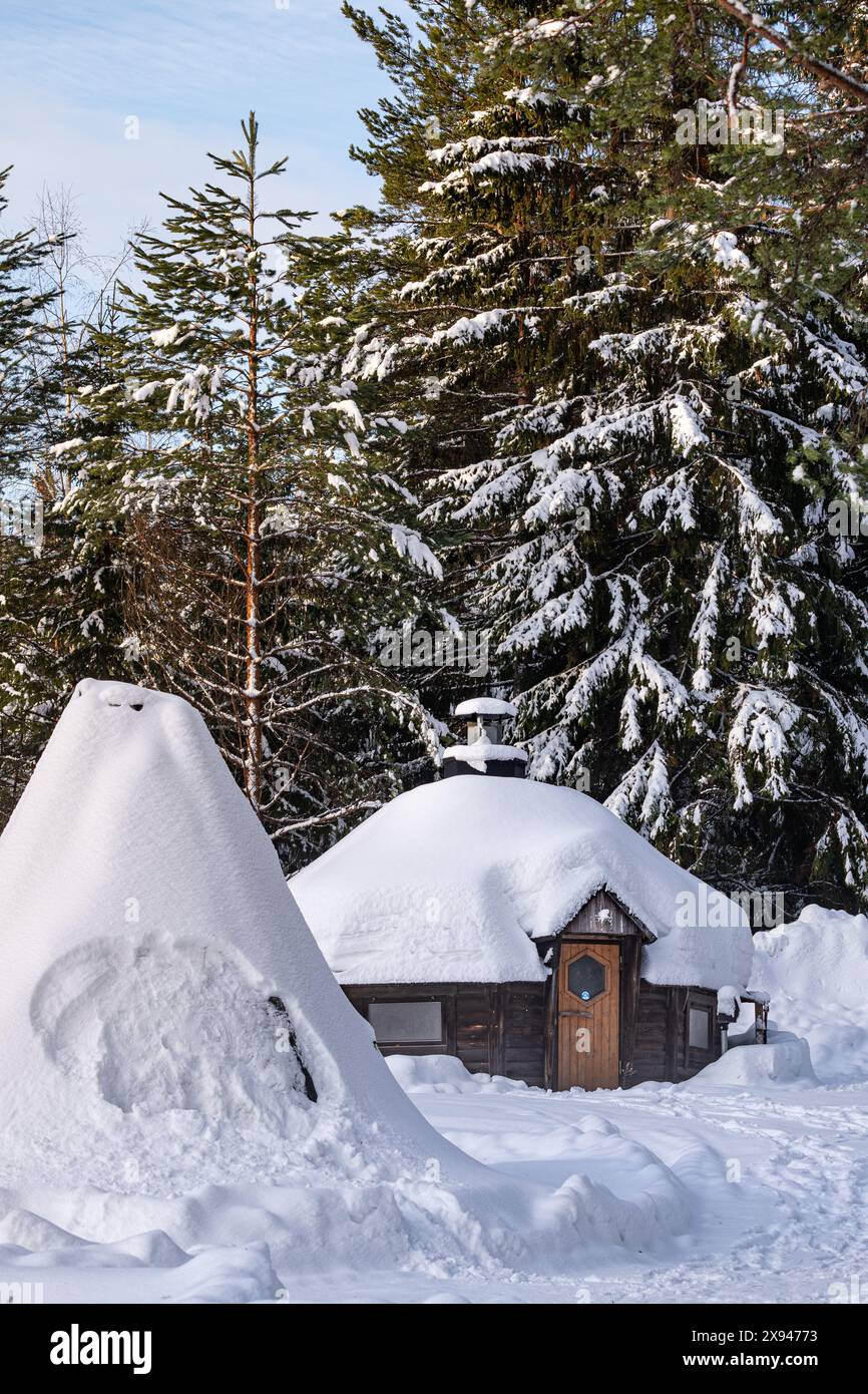 Snow-covered hut in a lapland forest with tall trees, showcasing the ...