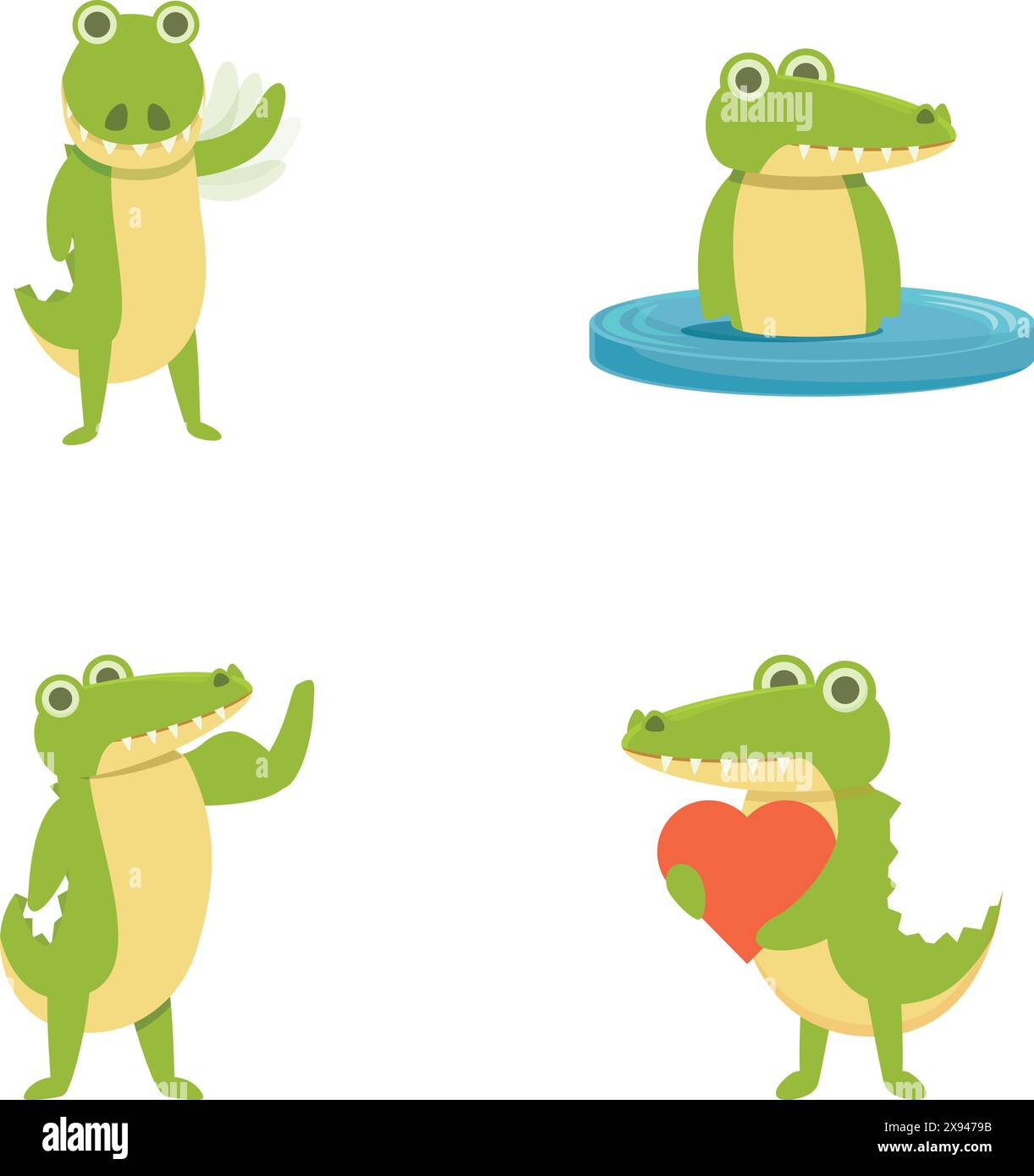 Funny crocodile icons set cartoon vector. Cute green crocodile. Cartoon ...