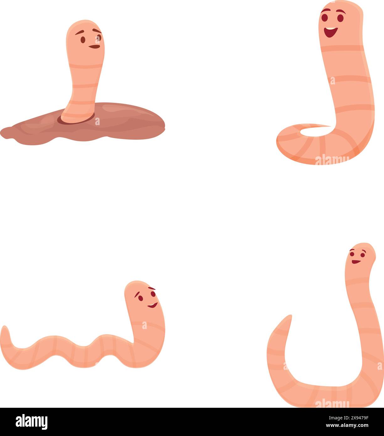 Worm icons set cartoon vector amusing adorable earthworm insect hi-res ...