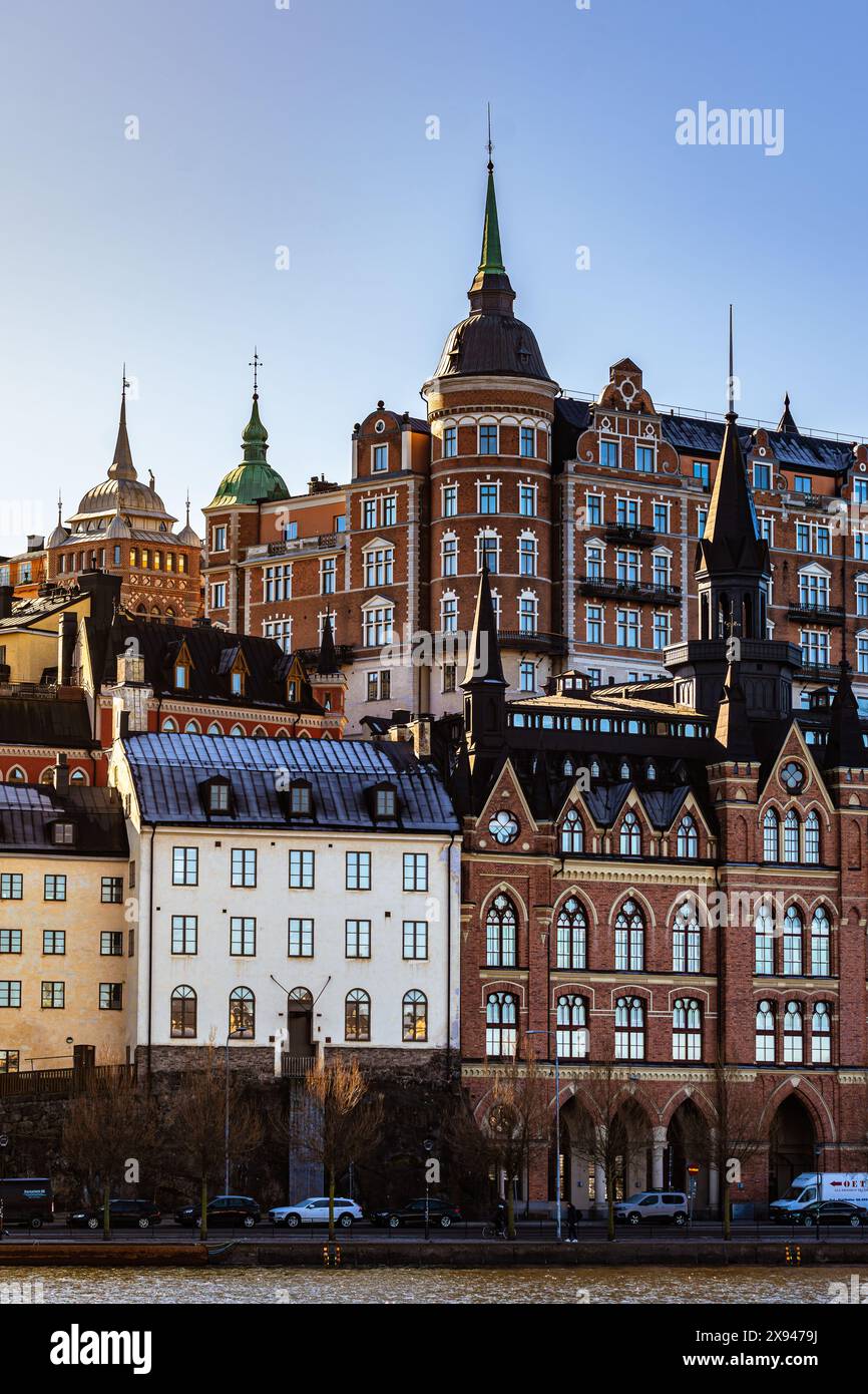 Iconic view of Stockholm with traditional buildings and blue sky ...