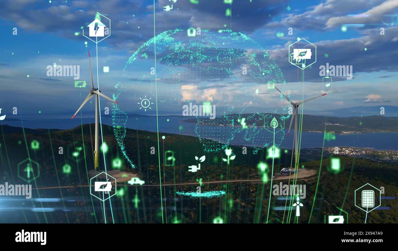 Alternative Energy. Wind farm. Aerial view of horizontal-axis wind ...