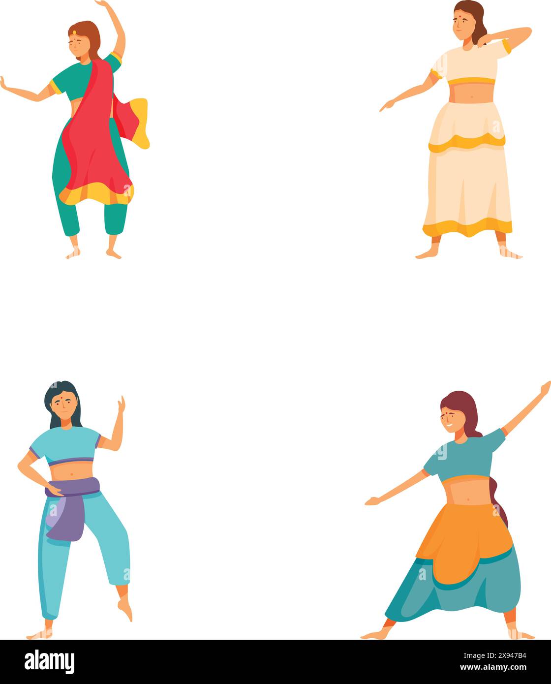 Indian dance icons set cartoon vector. Woman dancer in national indian ...