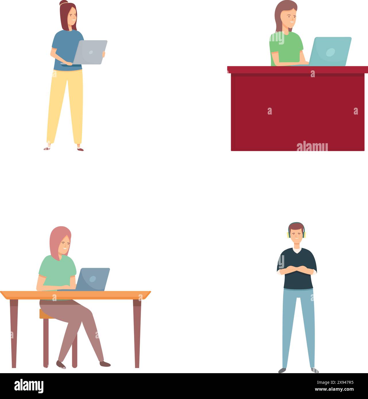 Remote work icons set cartoon vector. Yong people work in comfortable ...