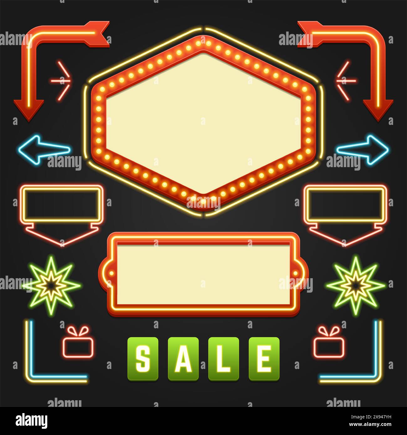 Retro Showtime Signs Design Elements Set. Bright Billboard Signage ...