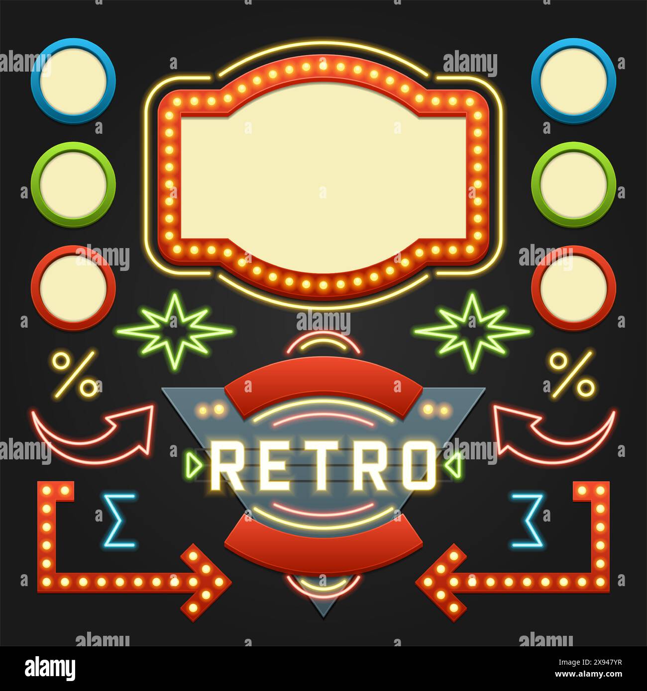Retro Showtime Signs Design Elements Set. Bright Billboard Signage ...