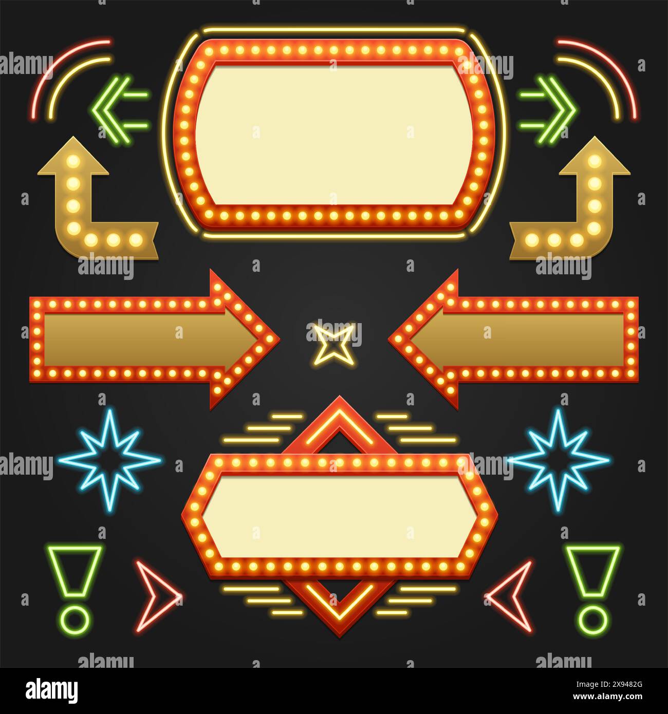 Retro Showtime Signs Design Elements Set. Bright Billboard Signage ...