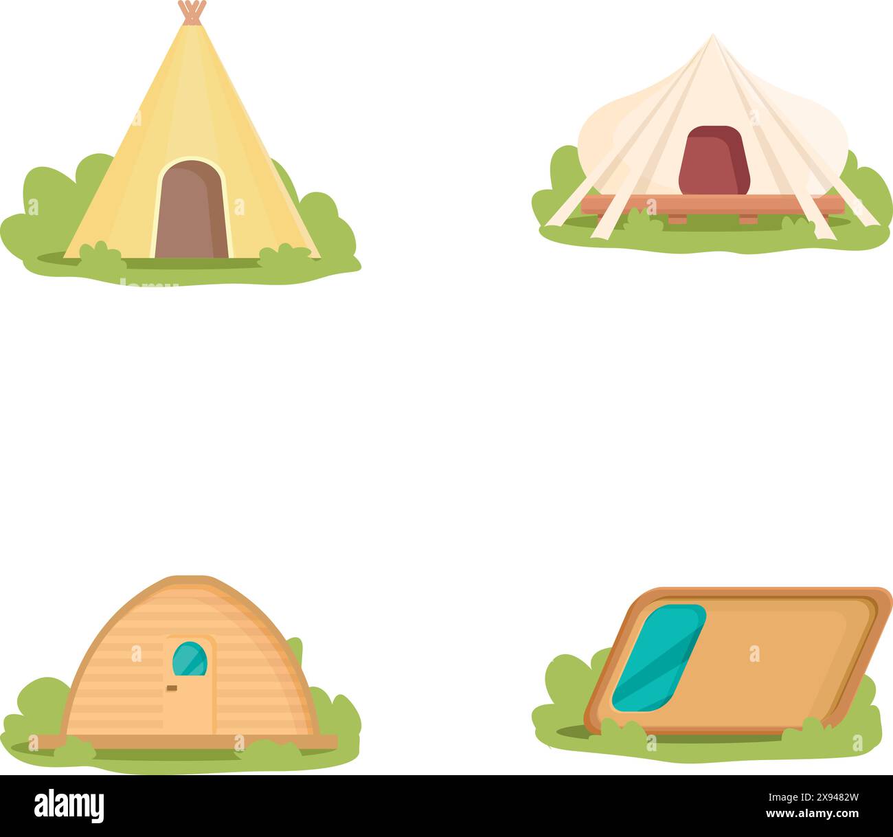 Glamping tent icons set cartoon vector. Various comfortable glamping ...