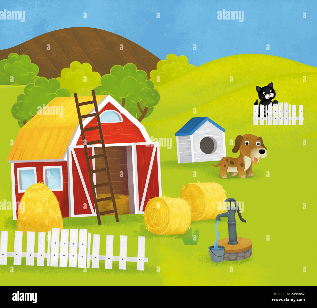 cartoon summer scene with farm ranch enclosure backyard garden and ...
