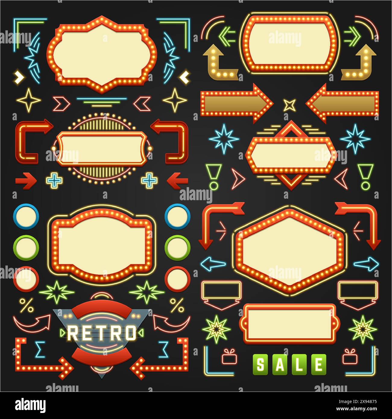 Retro American 1950s Sign Design Elements Set. Billboard Signage Light ...