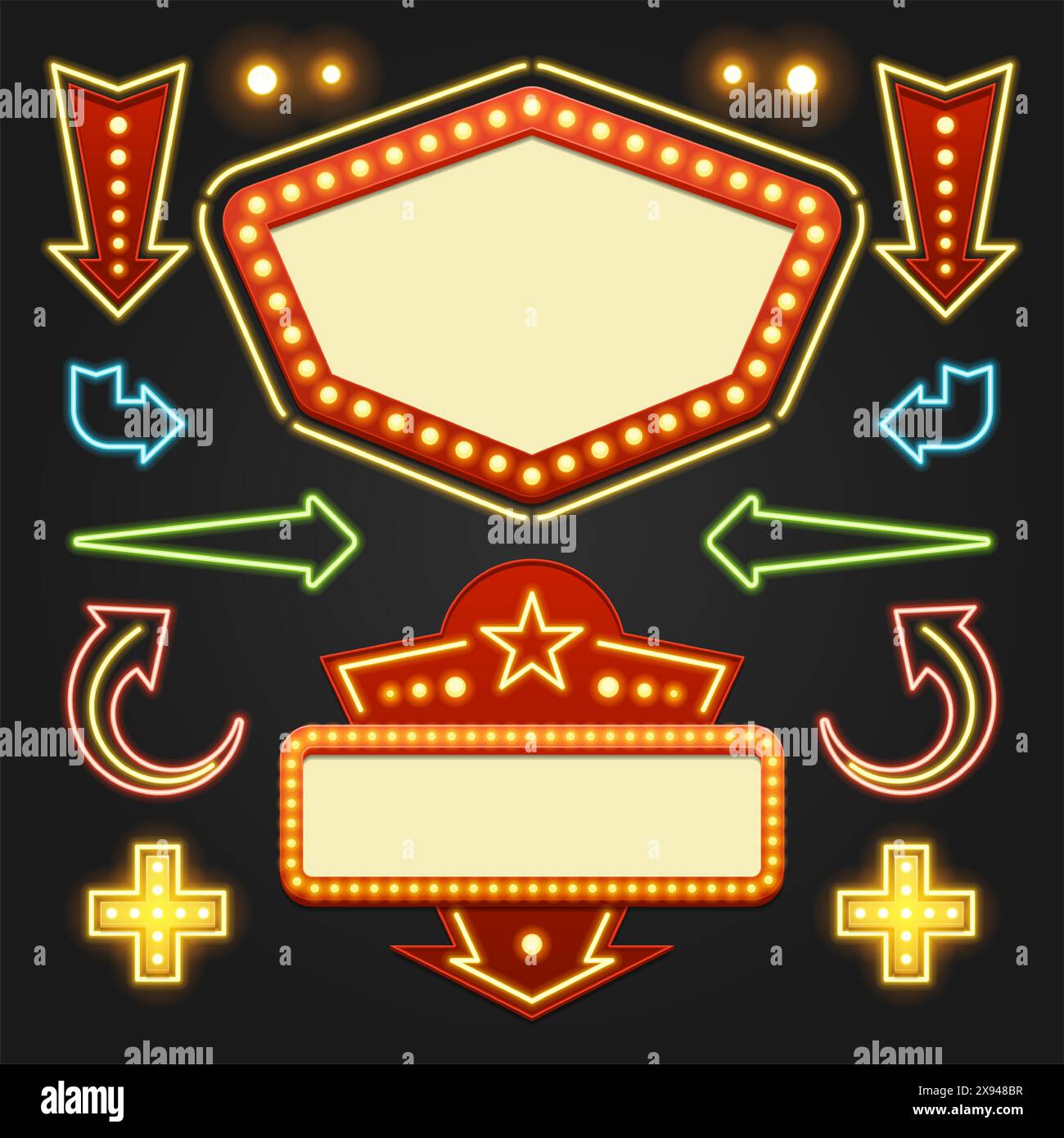 Retro Showtime Signs Design Elements Set. Bright Billboard Signage ...