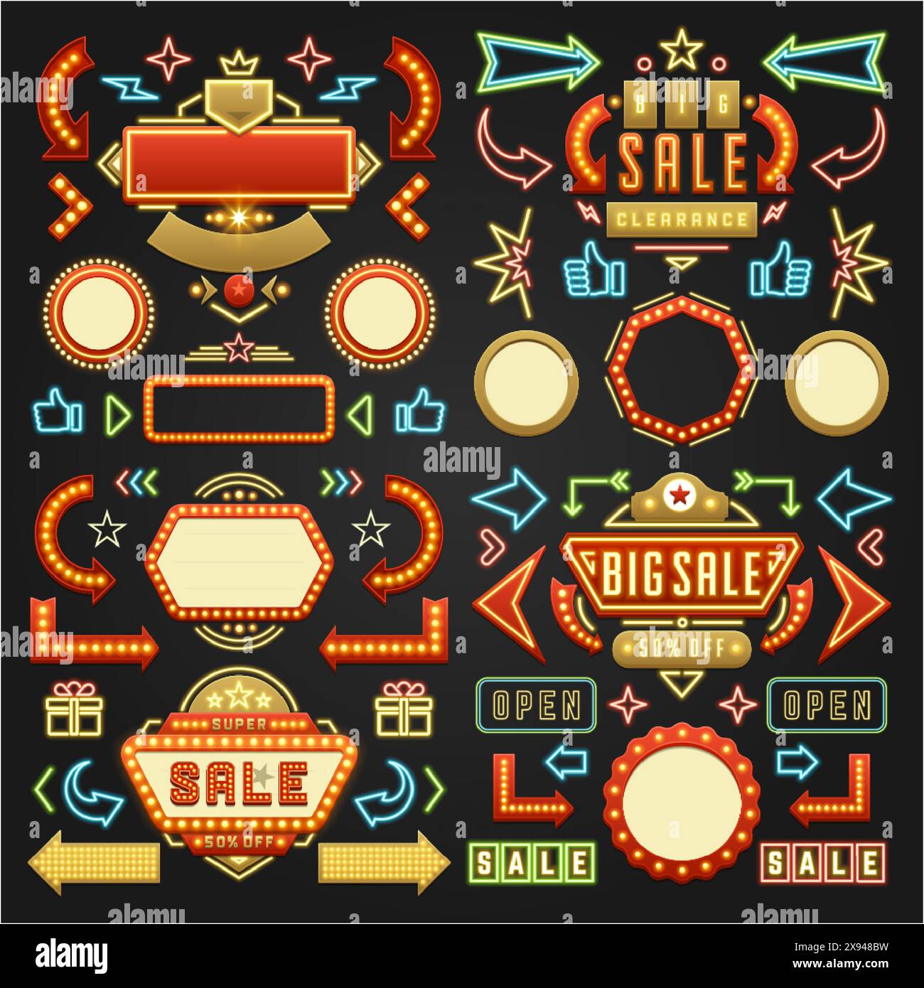 Retro Showtime Signs Design Elements Set. Bright Billboard Signage ...