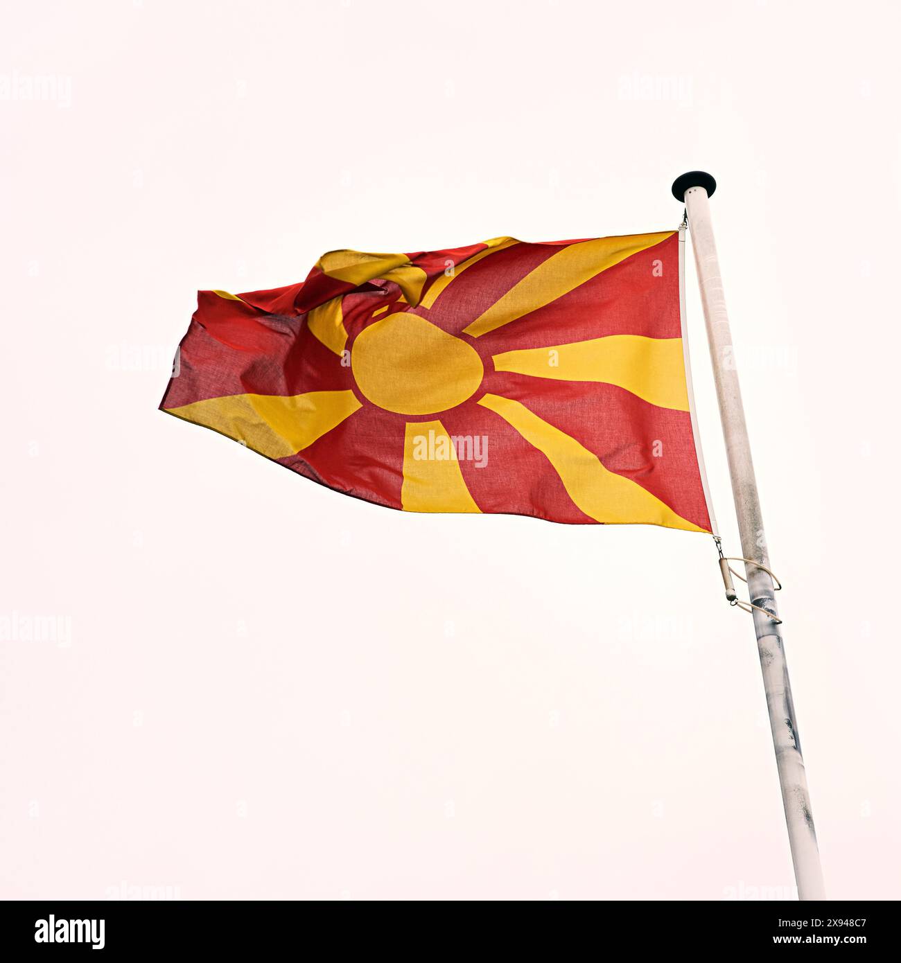 Macedonia, flag and pole with wind on white background for patriotic ...