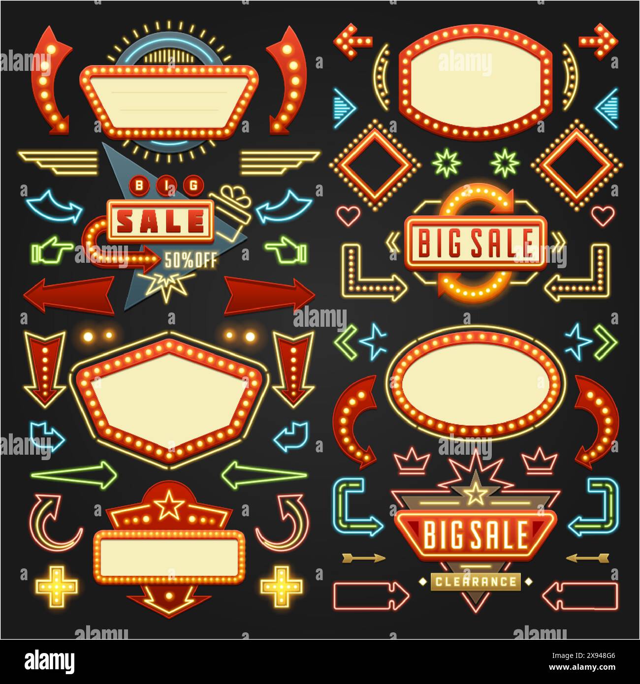 Retro Showtime Signs Design Elements Set. Bright Billboard Signage ...