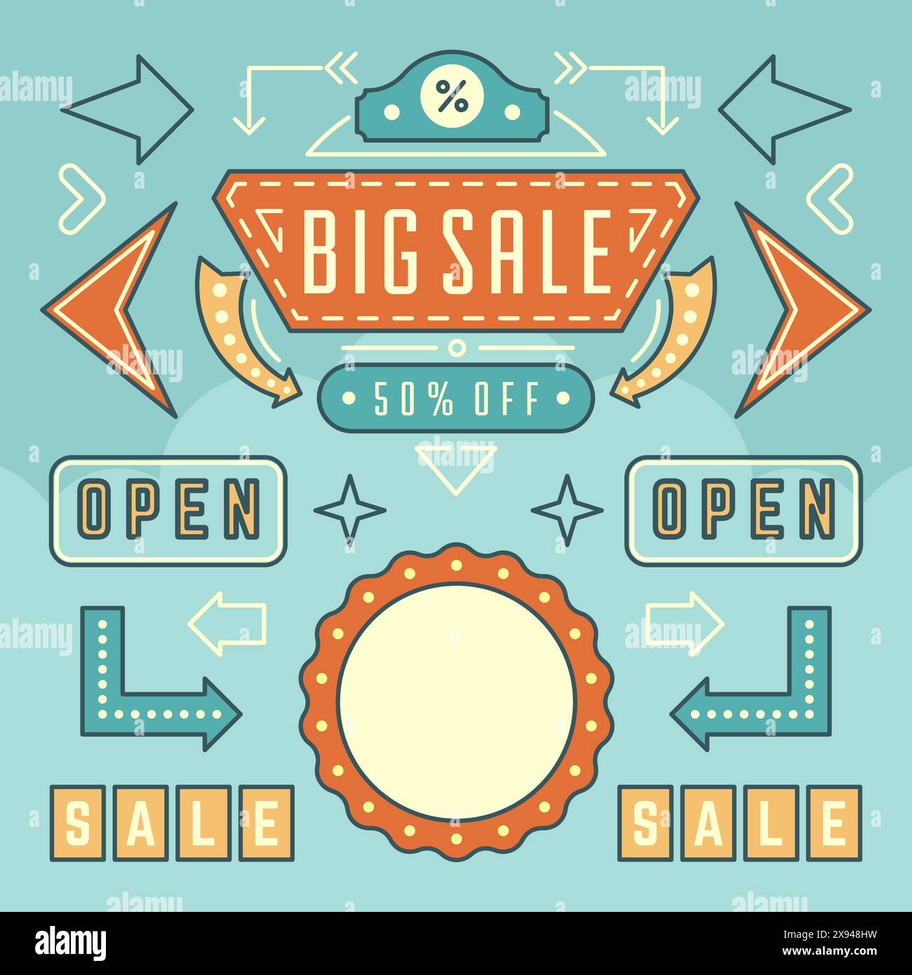 Retro American 1950s Sign Design Elements Set. Billboard Signage Light ...