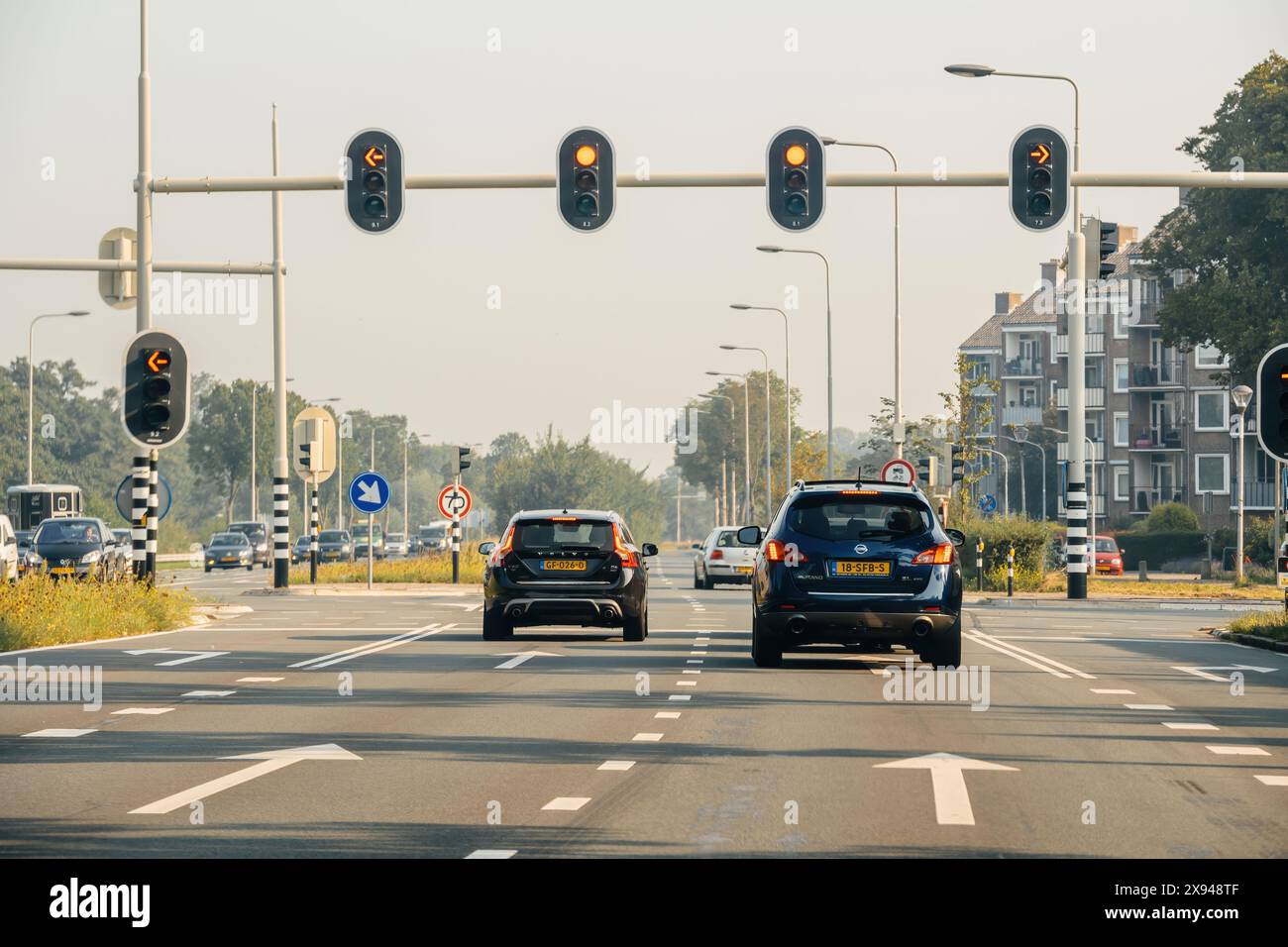 Netherlands - Aug 27, 2019: A busy intersection in the Netherlands with ...