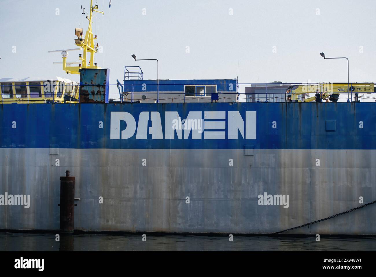 Texel, Netherlands - Aug 27, 2019: The side view of a blue ship with ...