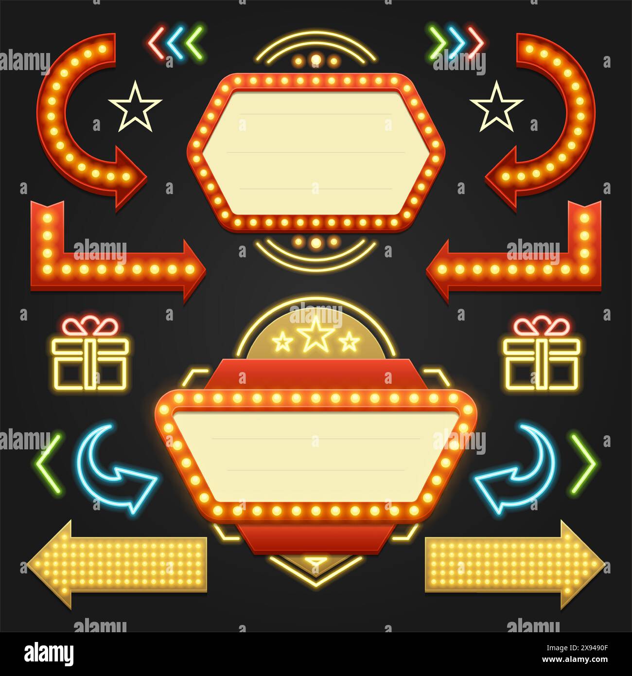 Retro Showtime Signs Design Elements Set. Bright Billboard Signage ...