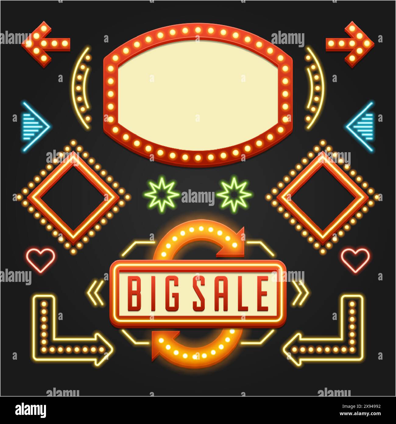 Retro Showtime Signs Design Elements Set. Bright Billboard Signage ...