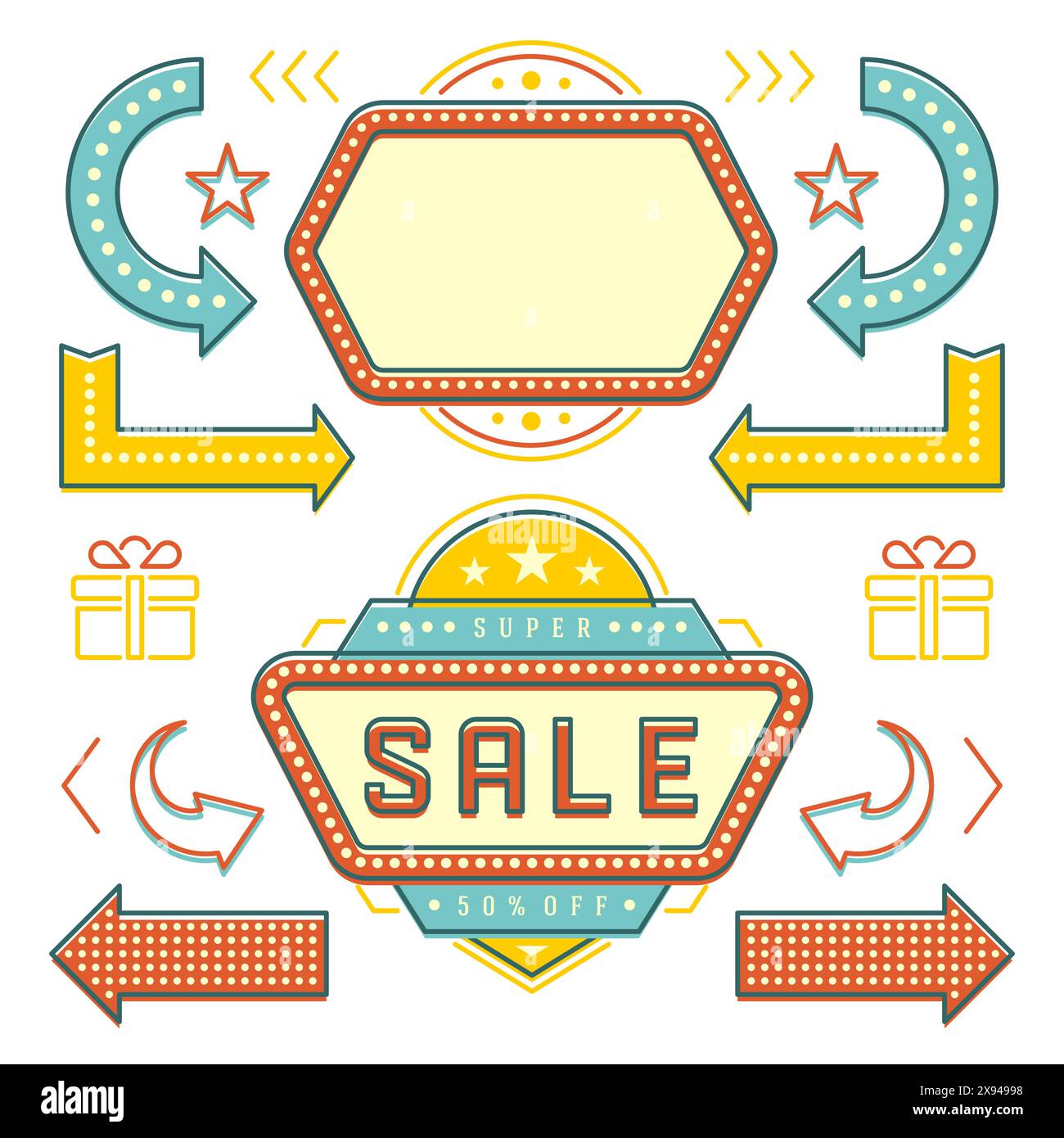 Retro American 1950s Sign Design Elements Set. Billboard Signage Light ...