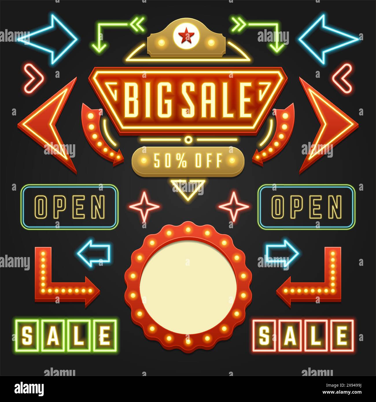 Retro Showtime Signs Design Elements Set. Bright Billboard Signage ...