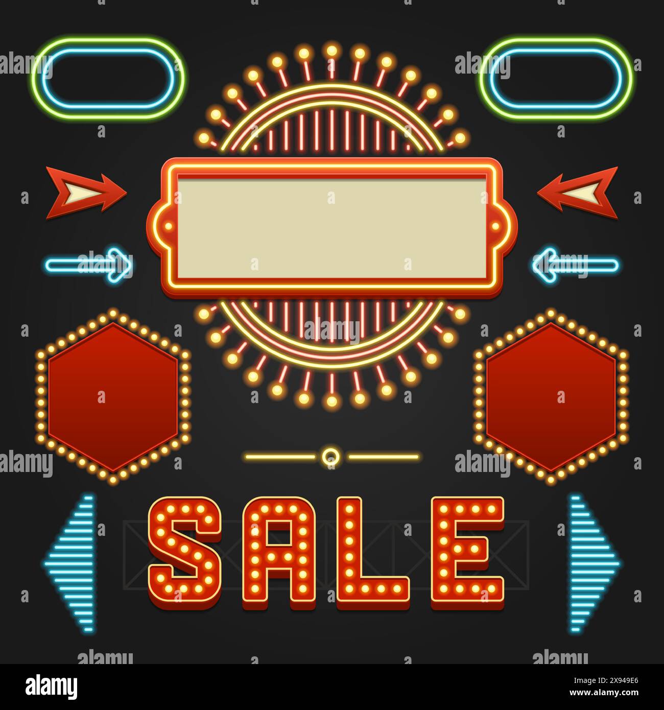 Retro Showtime Signs Design Elements Set. Bright Billboard Signage ...