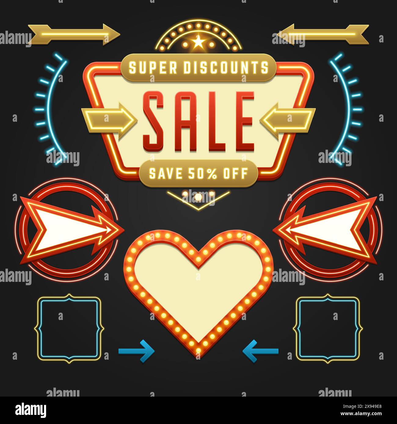 Retro Showtime Signs Design Elements Set. Bright Billboard Signage ...