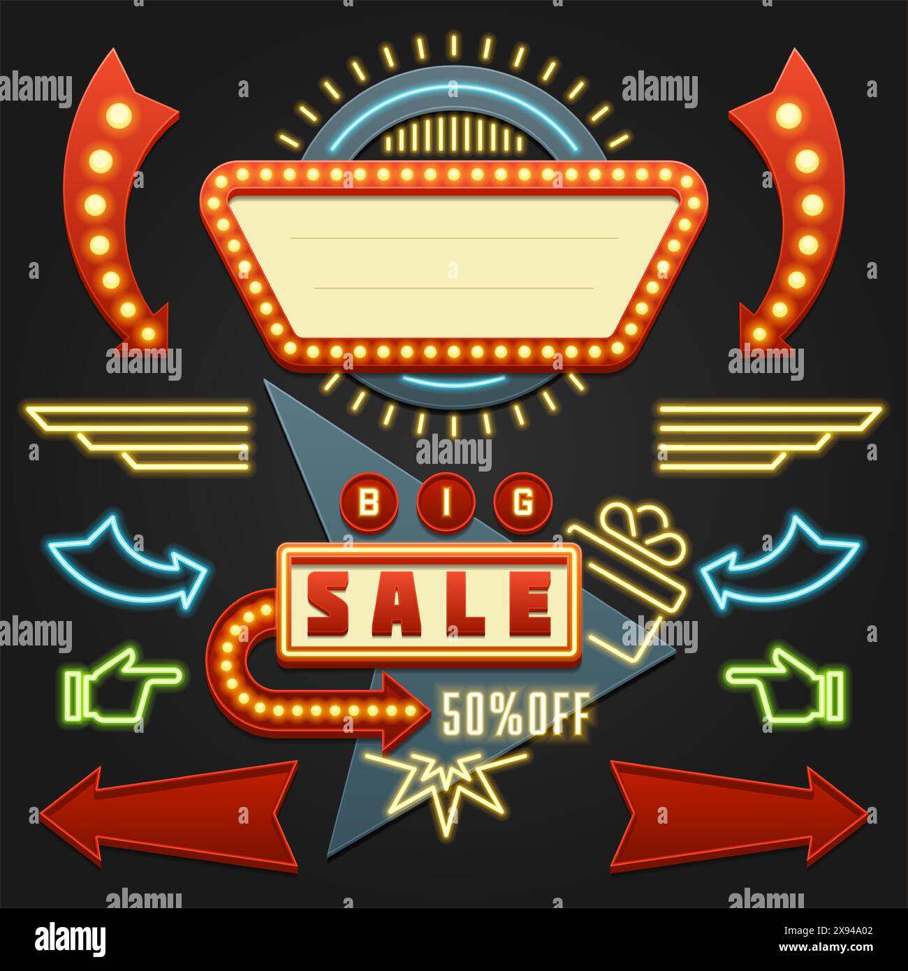 Retro Showtime Signs Design Elements Set. Bright Billboard Signage ...