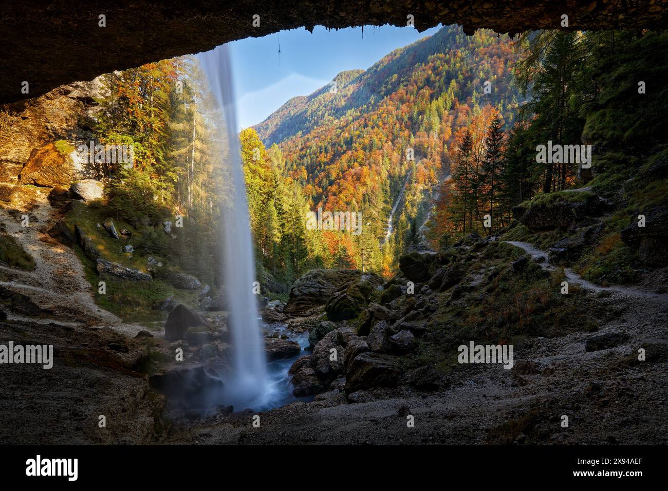 Pericnik Falls, waterfall with orange tree in Triglav National Park ...