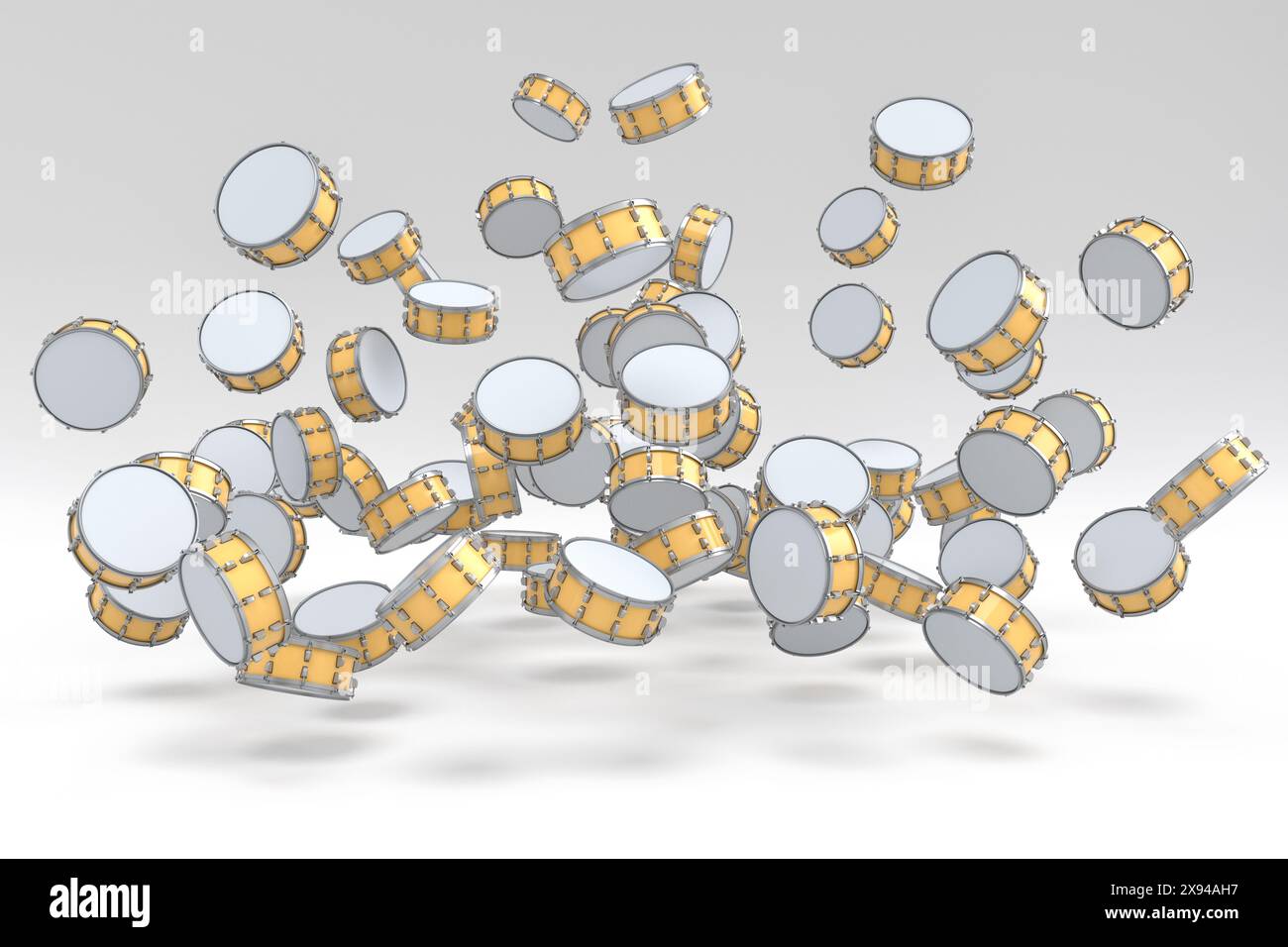 Many of flying drums on white background. 3d render concept of musical ...