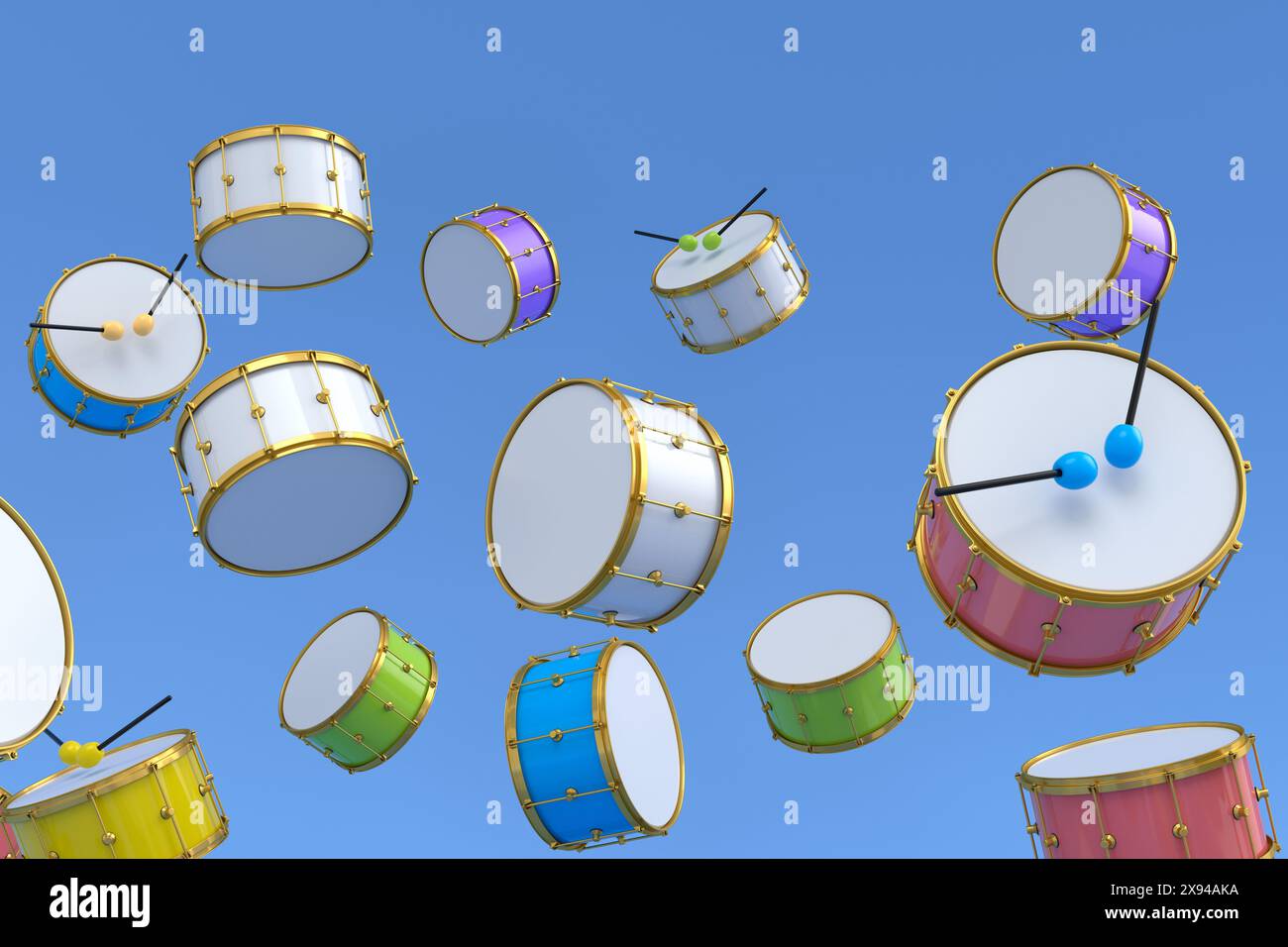 Many of flying drums on blue background. 3d render concept of musical ...